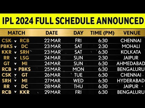 IPL 2024: Indian Premier League Full Schedule Announced | CSK VS RCB 1st Match ||