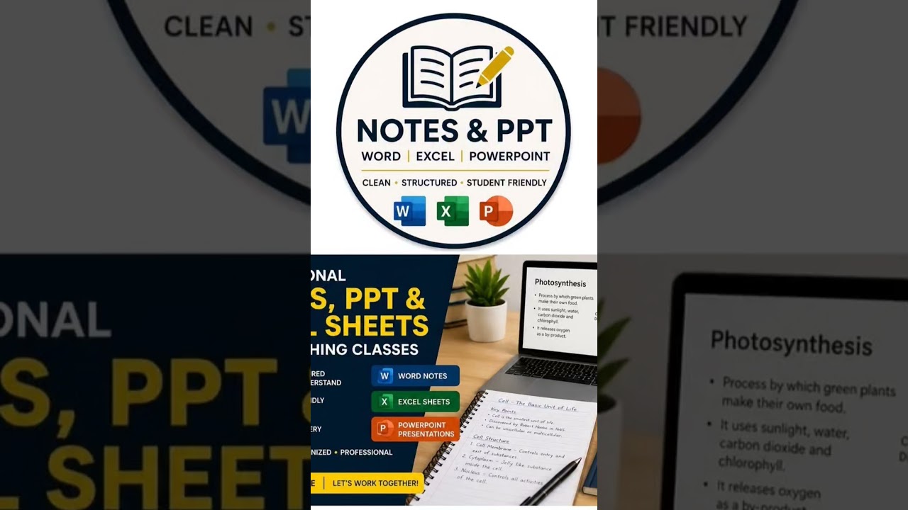 I create professional Word notes, Excel sheets, and PowerPoint presentations for coaching classes.👍