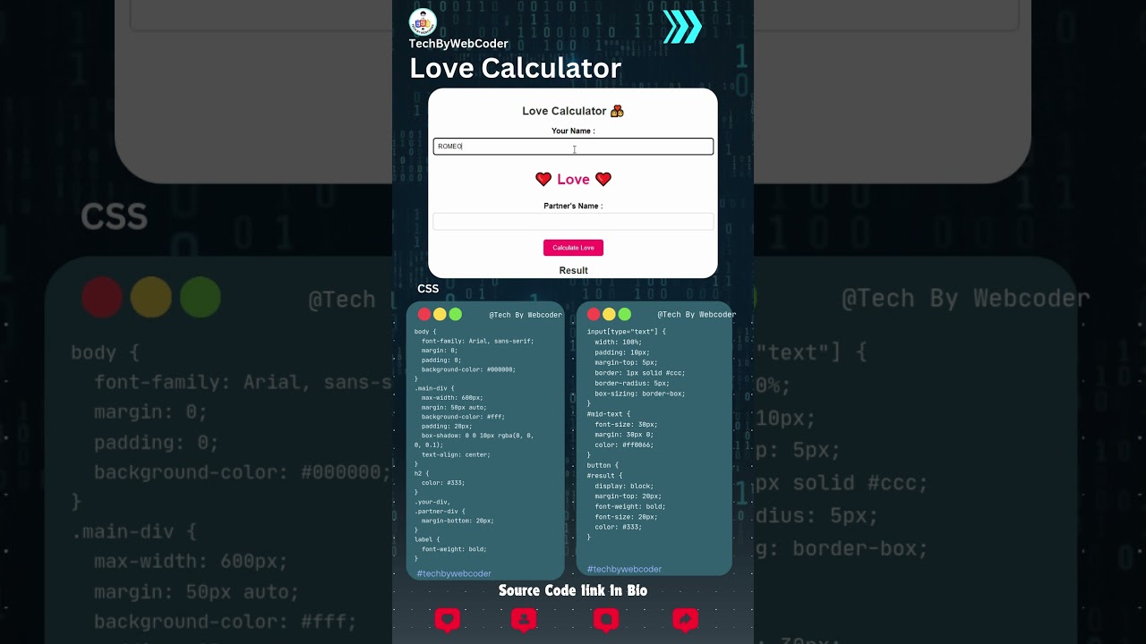 Love calculator Using Html,Css And Javascript|| Source Code Link In Description #techbywebcoder