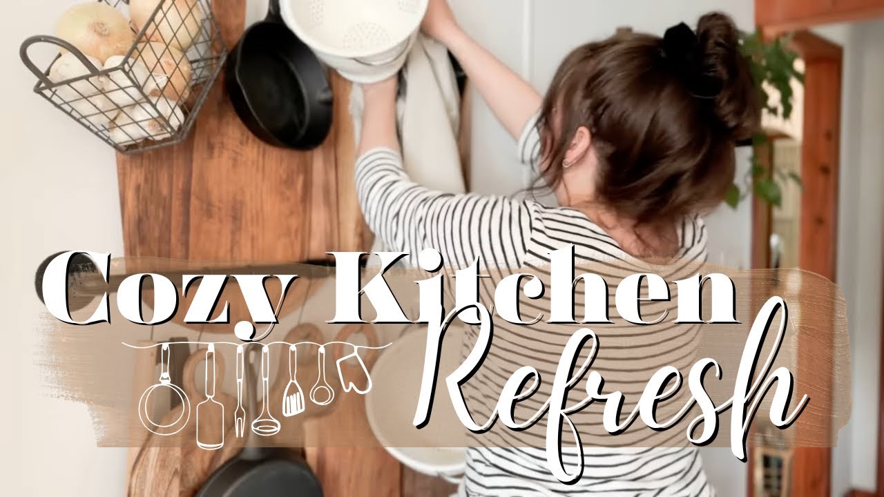 Cozy Kitchen Refresh  | Open Shelf Inspiration |  Wall Mounted Pot Rack | DIY's + more...