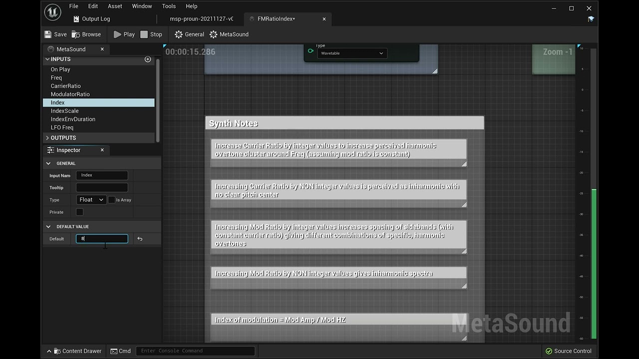 MetaSounds: FM Ratio Index from Supercollider - notes & index mod