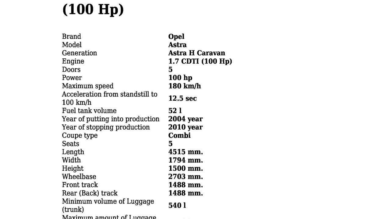 Opel - Astra H Caravan - 1.7 CDTI (100 Hp) - Technical specifications