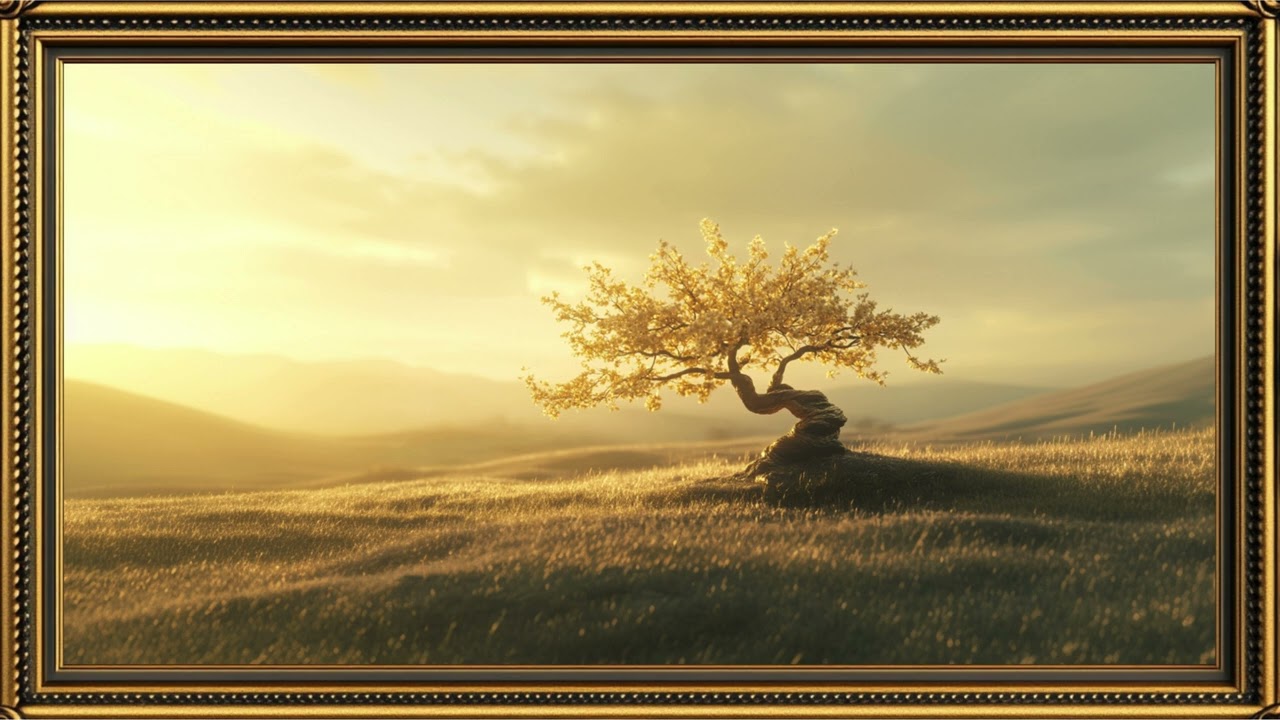 Vintage Lone Gold Bonsai Tree | Nature Art Screensaver For Your TV | Gold Frame | 1 Scene - 2 Hours
