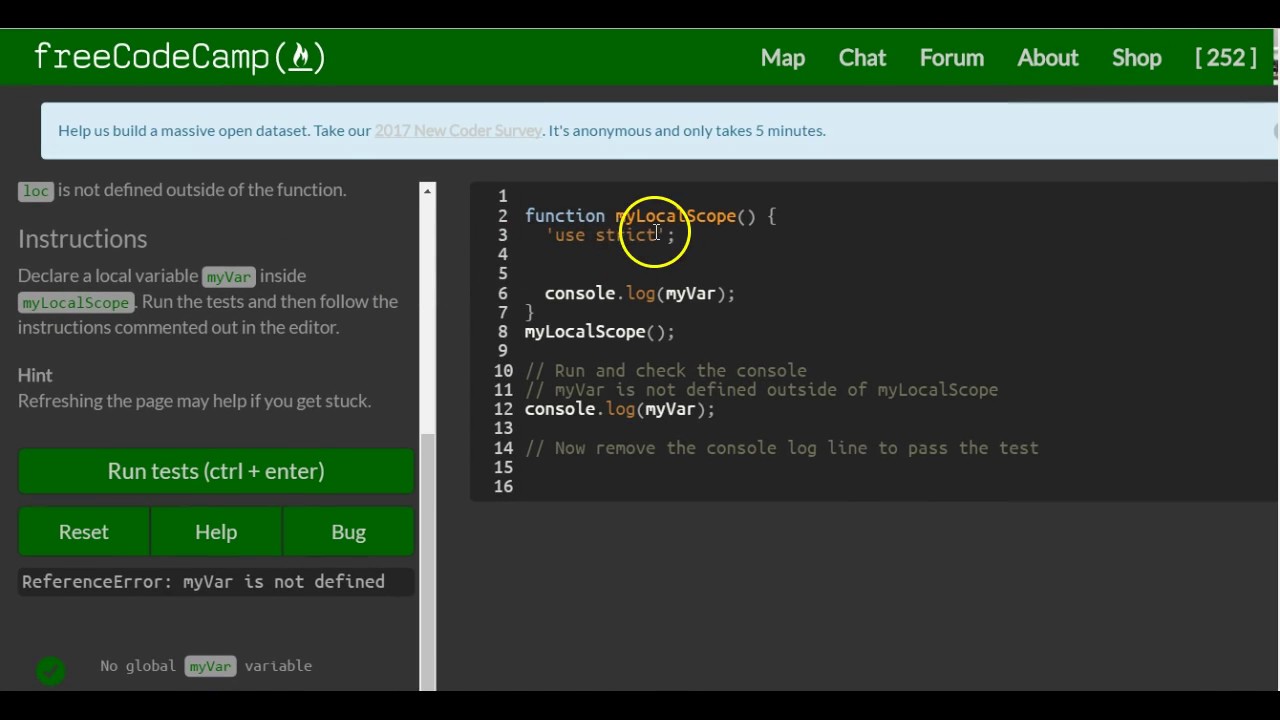 Local Scope and Functions, freeCodeCamp Basic Javascript