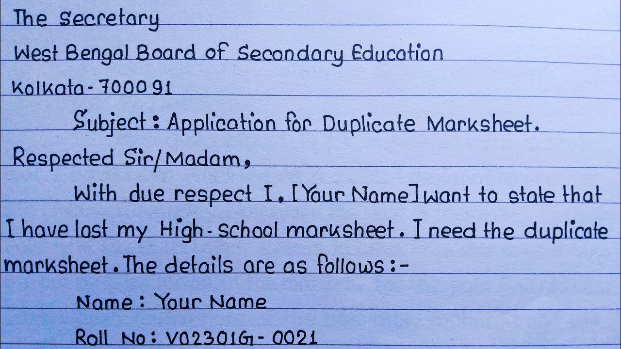 Application For Duplicate Marksheet || Application for Duplicate Marksheet in English