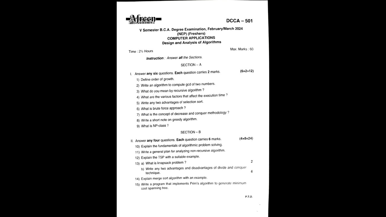 Design and Analysis of Algorithms  Question paper of BCA 5th semester NEP 2024 #exam #questionpaper