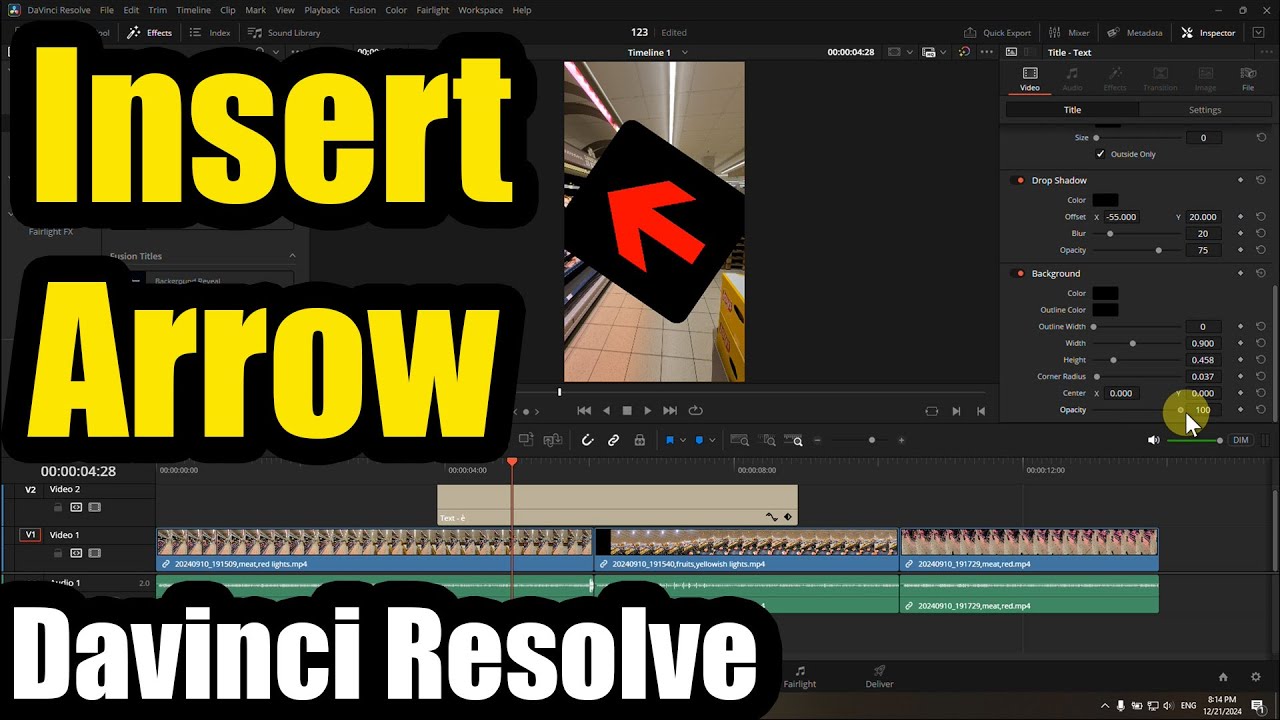 How to insert an Arrow without a Picture (Davinci Resolve, Wingdings éá, Character Map)
