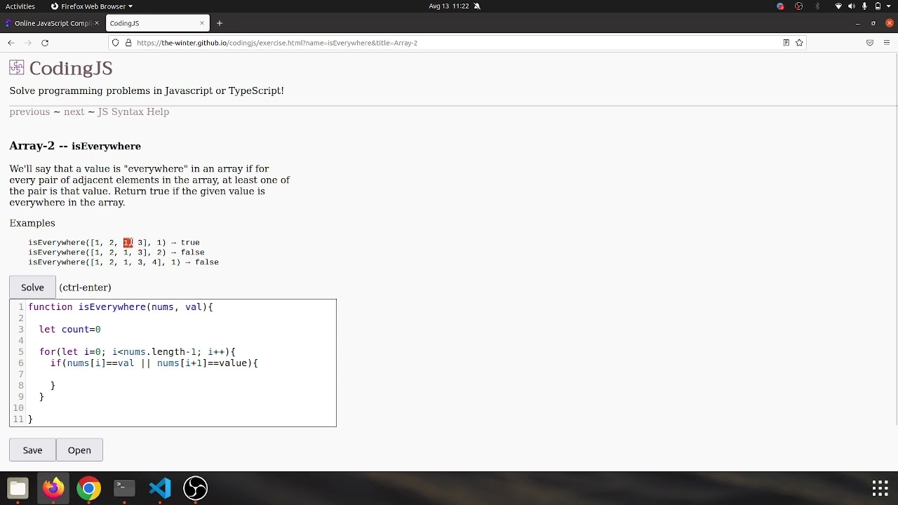 Codingjs (Codingbat) Array-2 --isEverywhere  solution