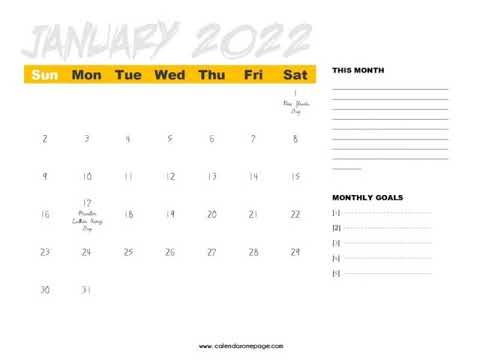 Printable January 2022 Calendar