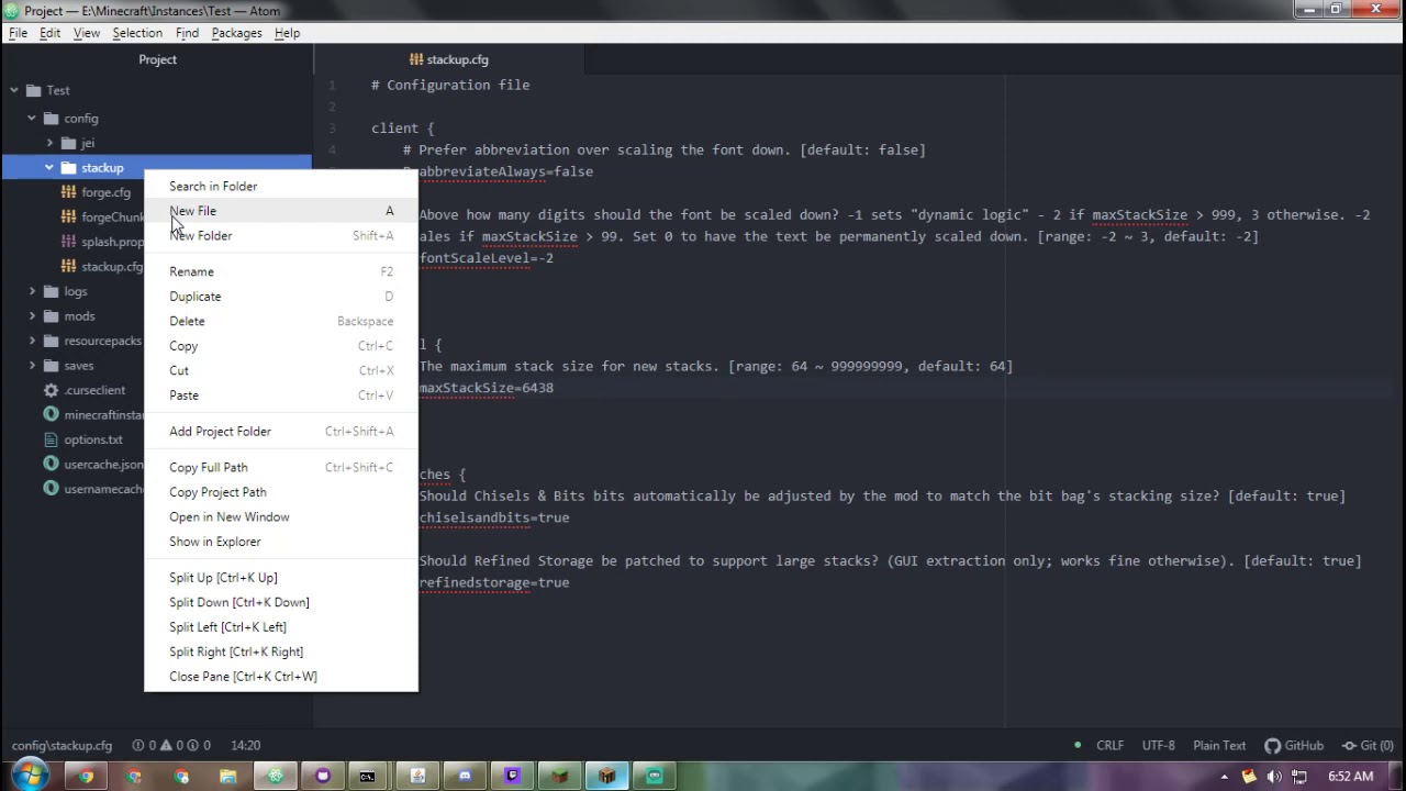 Using the Stackup! mod to change apple's stack size in Minecraft
