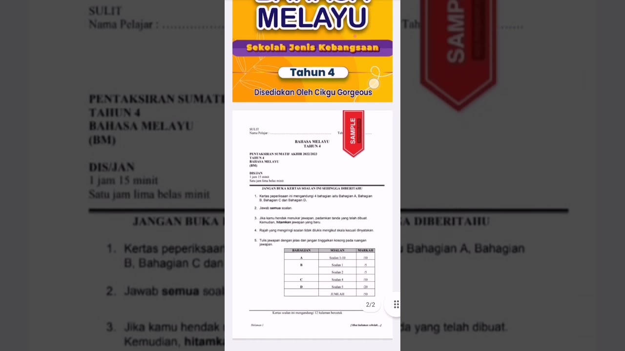 1 SET KERTAS PENTAKSIRAN SUMATIF AKHIR 2022/2023 BAHASA MELAYU SJK TAHUN 4 (FORMAT TERKINI UASA)