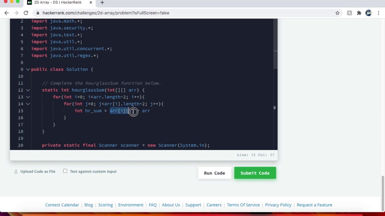 HackerRank : 2D Array maximum hourglass sum java solution