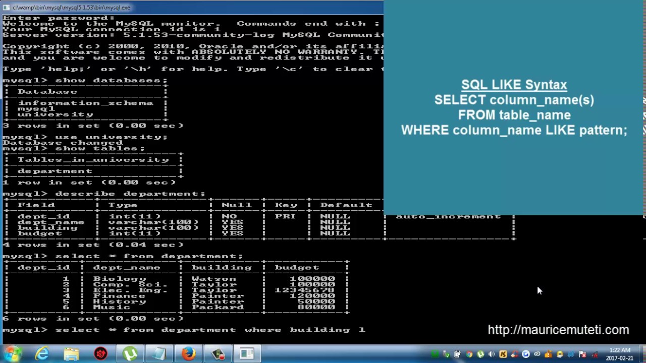 Structured Query Language Tutorial SQL Part 16   LIKE Operator Command Prompt   Console