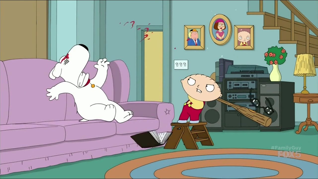Family Guy - Stewie bashes Brian's face with a baseball bat