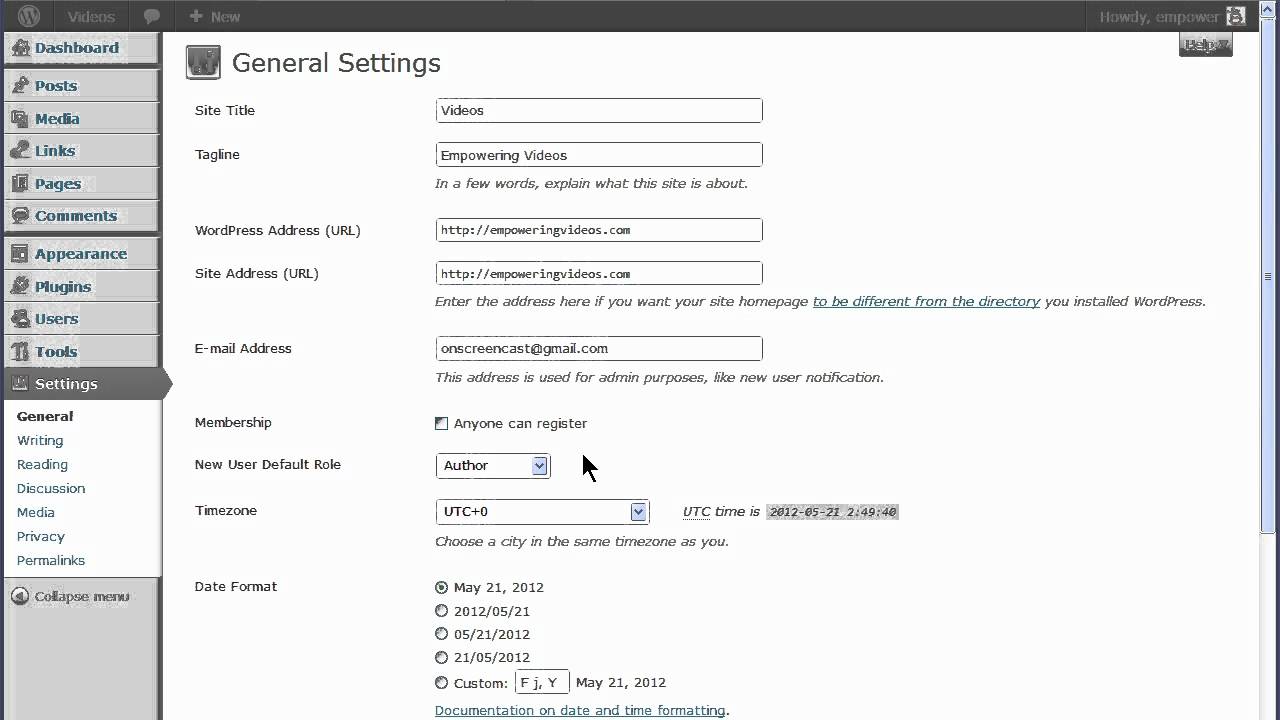 WordPress General Settings Screen