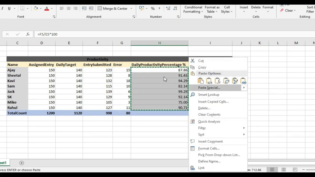 How to make daily productivity report in excel (Sum & Percentage % Excel Formula)
