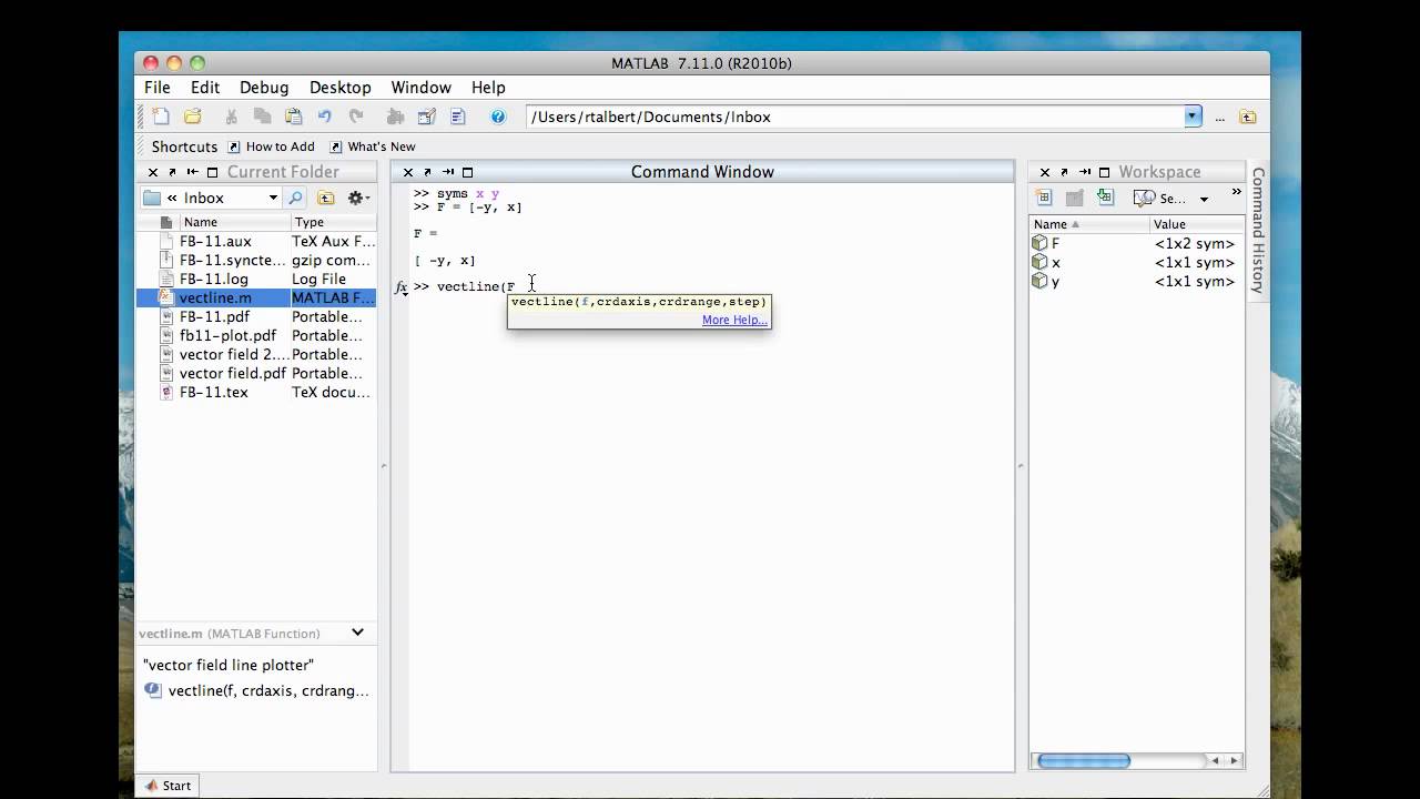 Using the VECTLINE funtion to plot vector fields in MATLAB