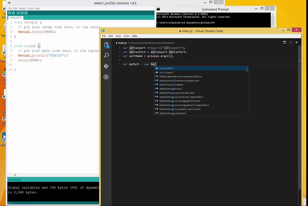Nodejs using the node serial port module to communicate with an Arduino