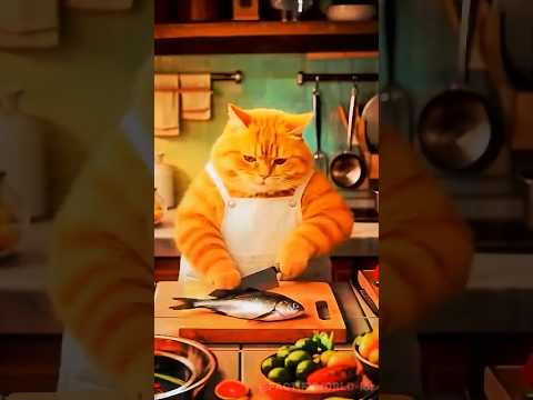 a fat orange cat cooks fish #cat #funny #cooking #ai #aiart #shorts