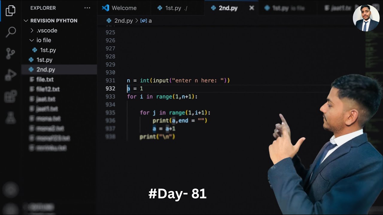Python program to print right hand half pyramid using numbers #100daysofcode #codeeveryday #python