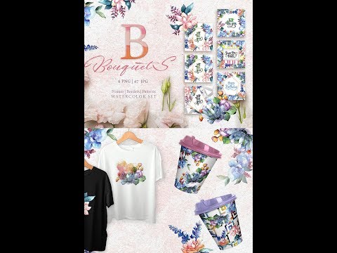 Bouquets flowers set PNG watercolor