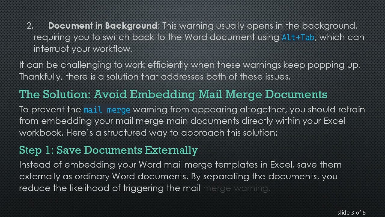 How to Stop the Mail Merge Warning in Excel When Opening OLEObject Word Documents