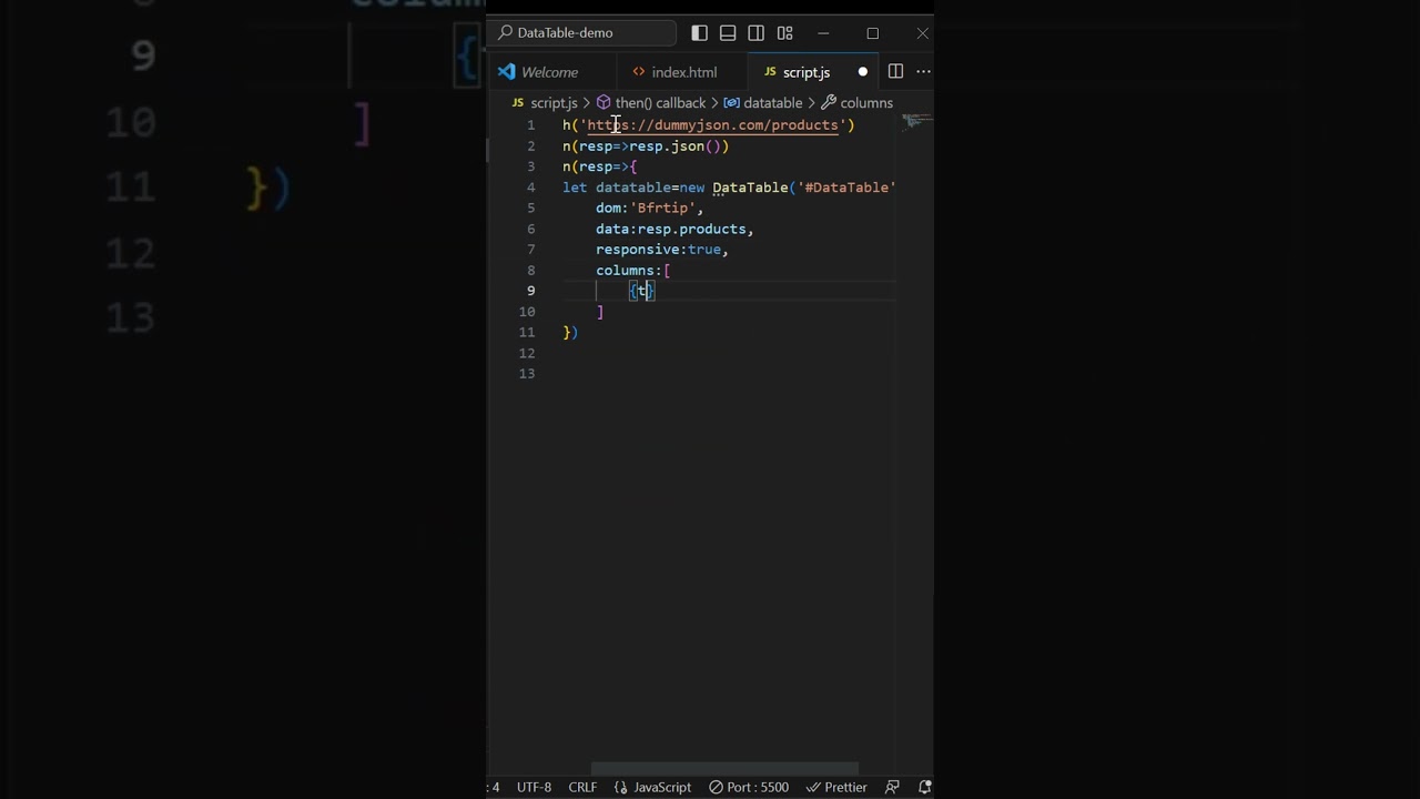 How to Creating a DataTable Using JavaScript #DataTableTutorial #JSDataTable #js #shorts