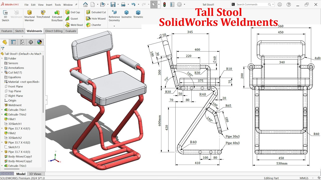 SolidWorks Weldments Exercise-Tall Stool (Structural Member, Trim/Extend)