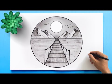 Mountain and River Landscape Drawing - Easy Pencil Drawing Landscape Drawing in a circle