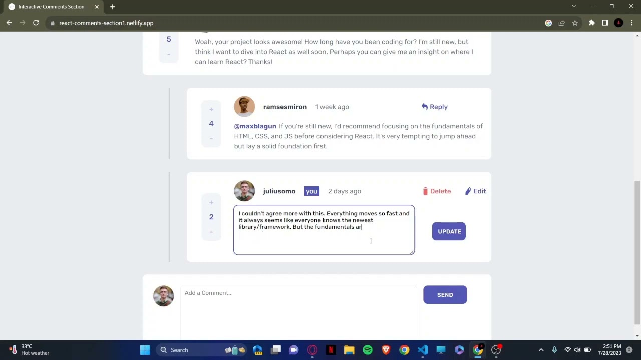 Comments Section App using React