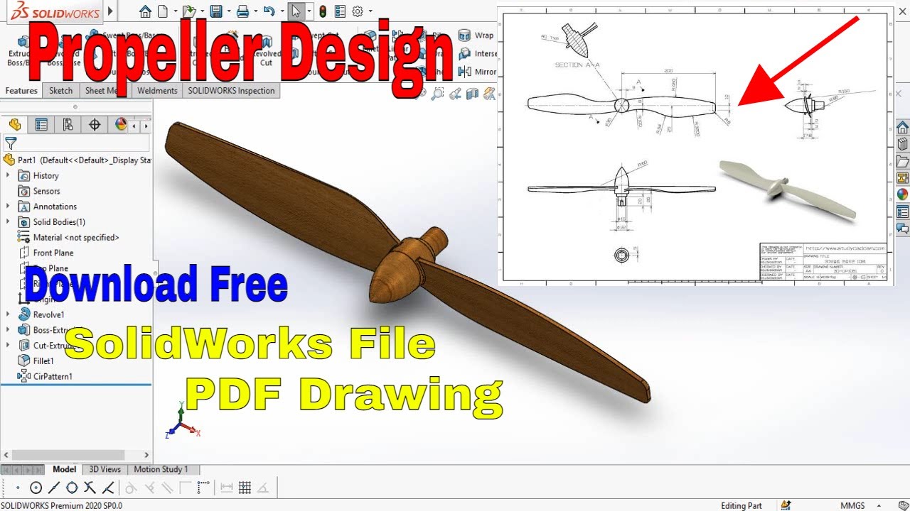 How to Make Propeller in SolidWorks from PDF Drawing|Download Free CAD file and PDF Drawing