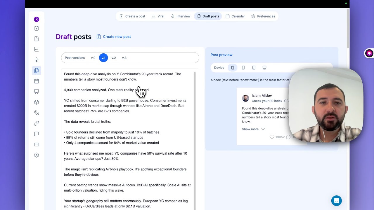 2pr.io v.2.0 demo the AI Agent to easily create Linkedin posts