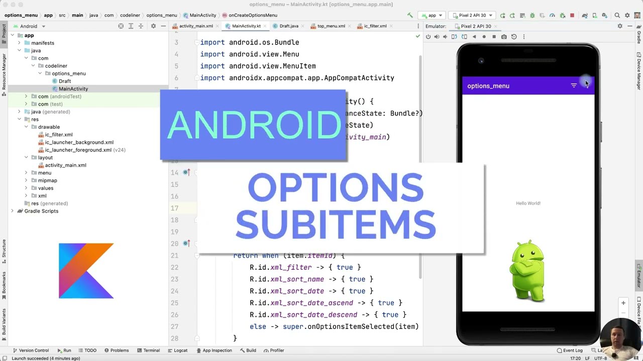 Learn Options Menu with Sub Items | Android Studio Tutorial