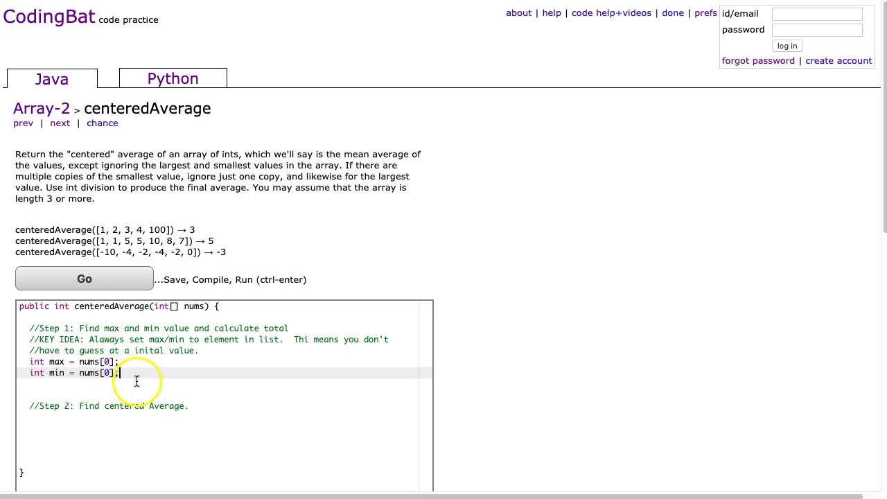 Codingbat - centeredAverage (Java)