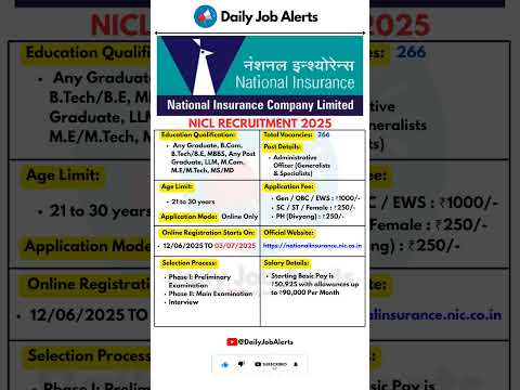 NICL Recruitment 2025 | New Vacancy 2025 | Daily Job Alerts #shorts