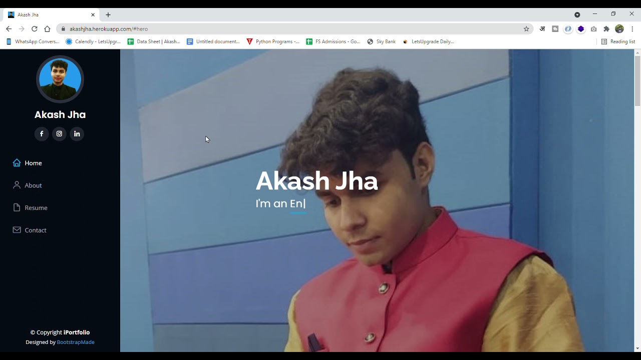 Portfolio Website using HTML, CSS, BOOTSTRAP, JAVASCRIPT, NODE EXPRESS AND MONGODB
