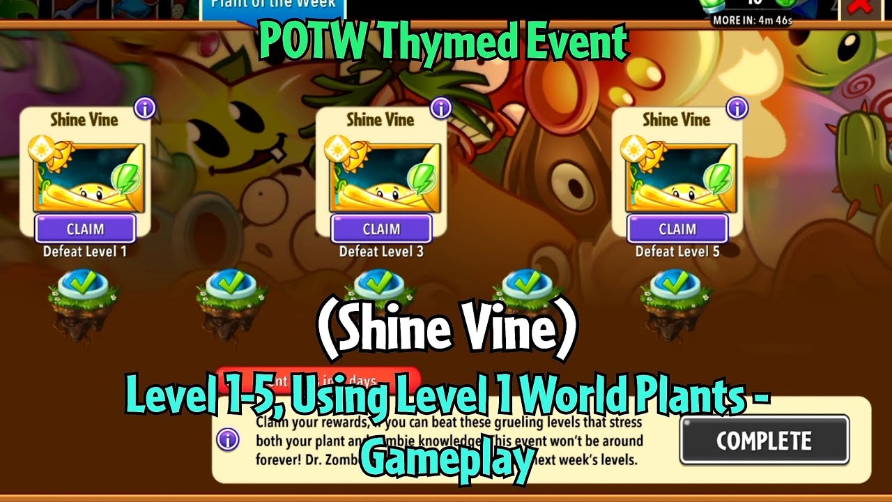 PvZ2 POTW Thymed Event: (Shine Vine), Level 1-5, Using Level 1 World Plants - Gameplay