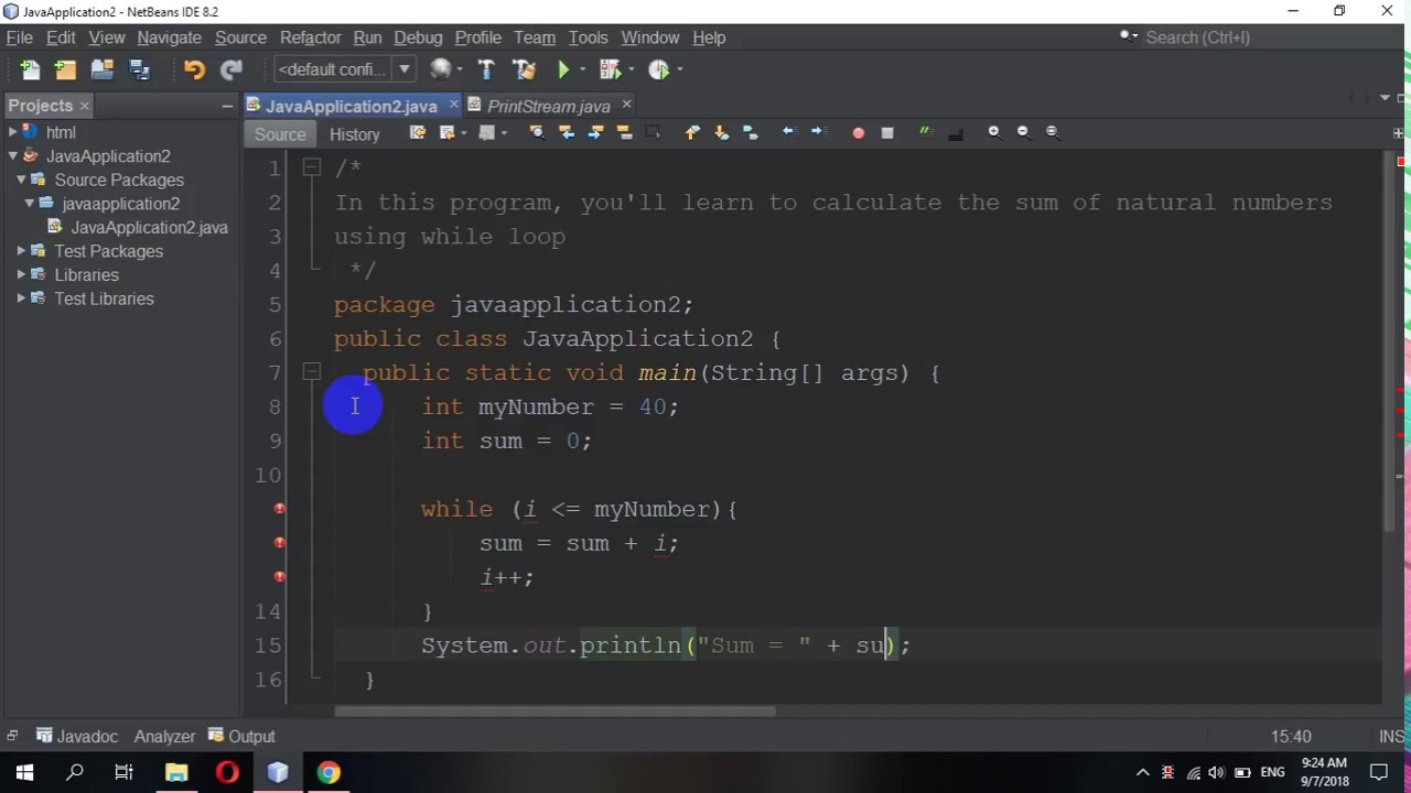 sum of Natural Numbers using while loop in java
