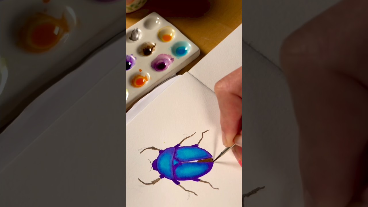 Day 16 Watercolour Beetle painting 🪲#watercolour #watercolor #sketchbook #watercolorart #shortsfeed