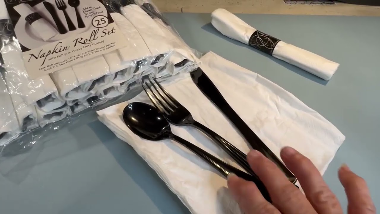Party Essentials Party Supplies Wrapped Silverware Set Disposable, Pre Rolled Napkin and Cutlery Rev