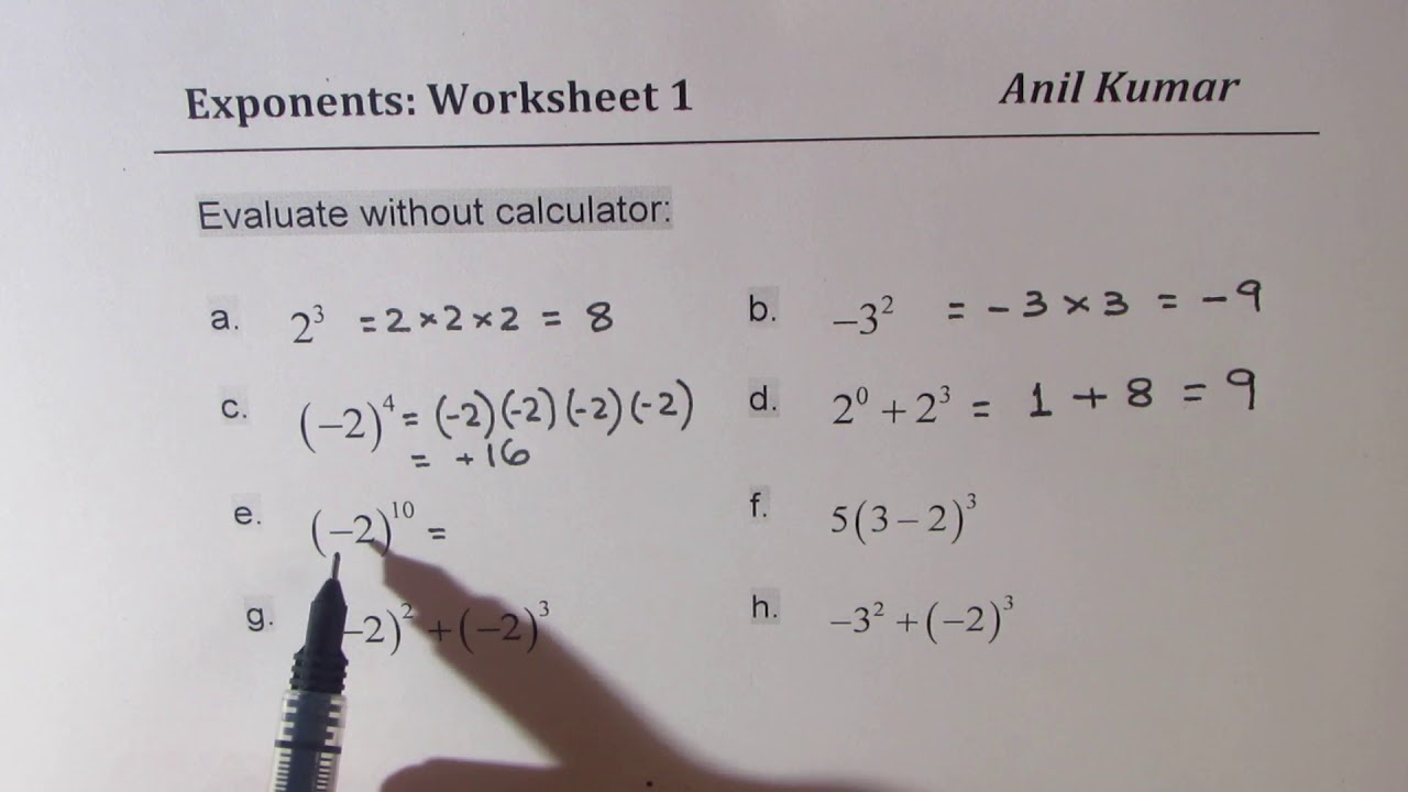 How to Evaluate Exponents Basic Skills Algebra Worksheet 1