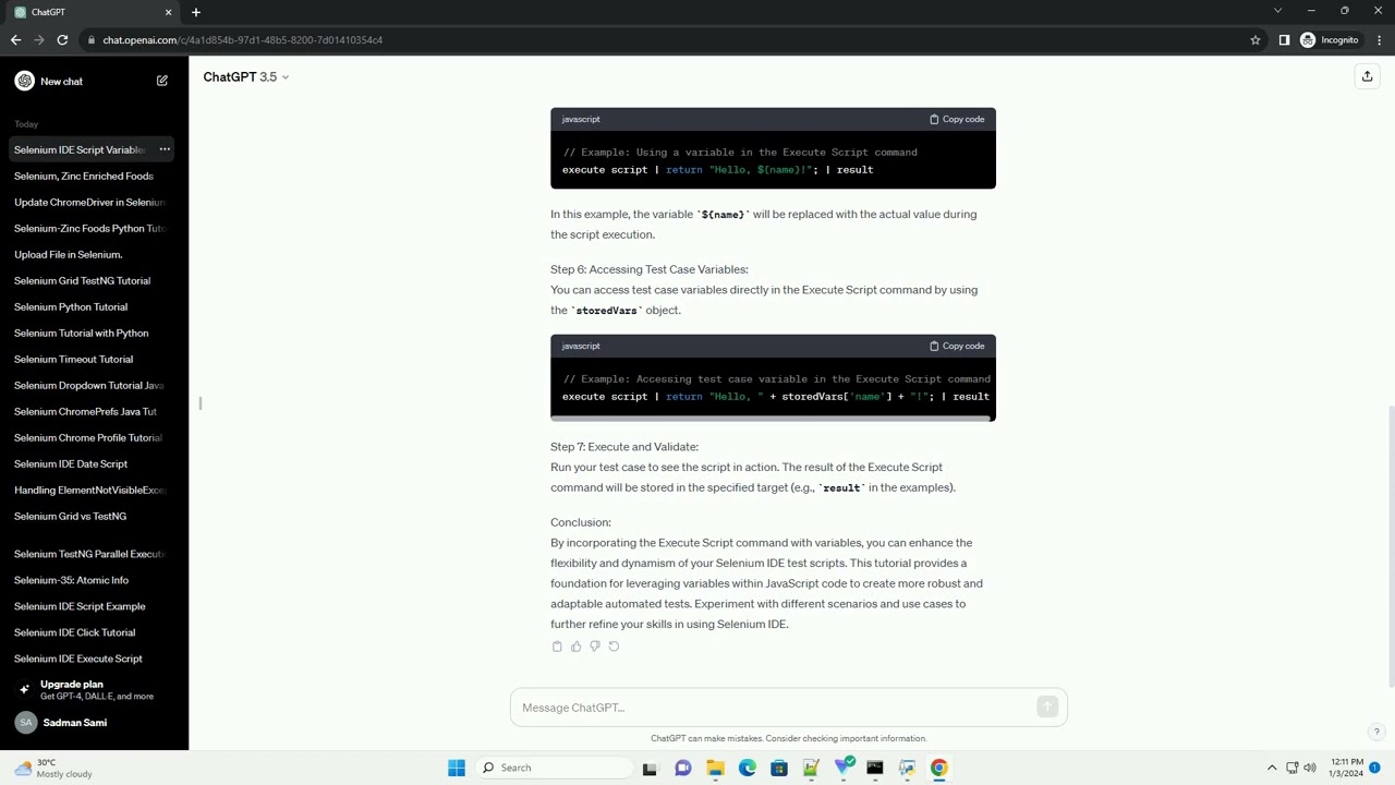 selenium ide execute script variable