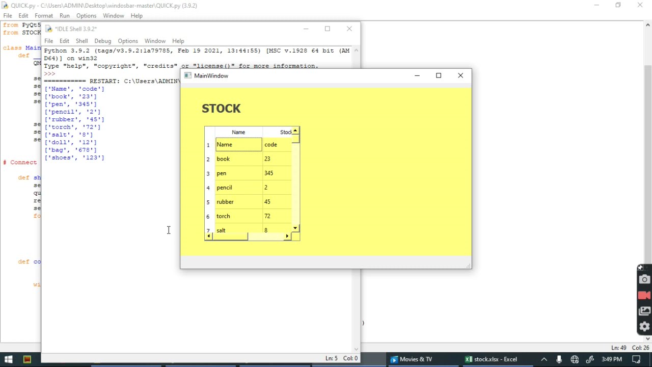 spreadsheet to sql and displaying into table PYQT5