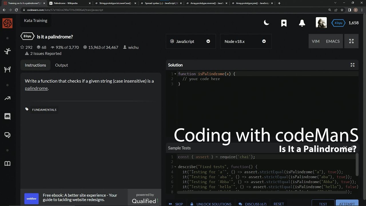 Codewars 8 kyu Is It a Palindrome? Javascript