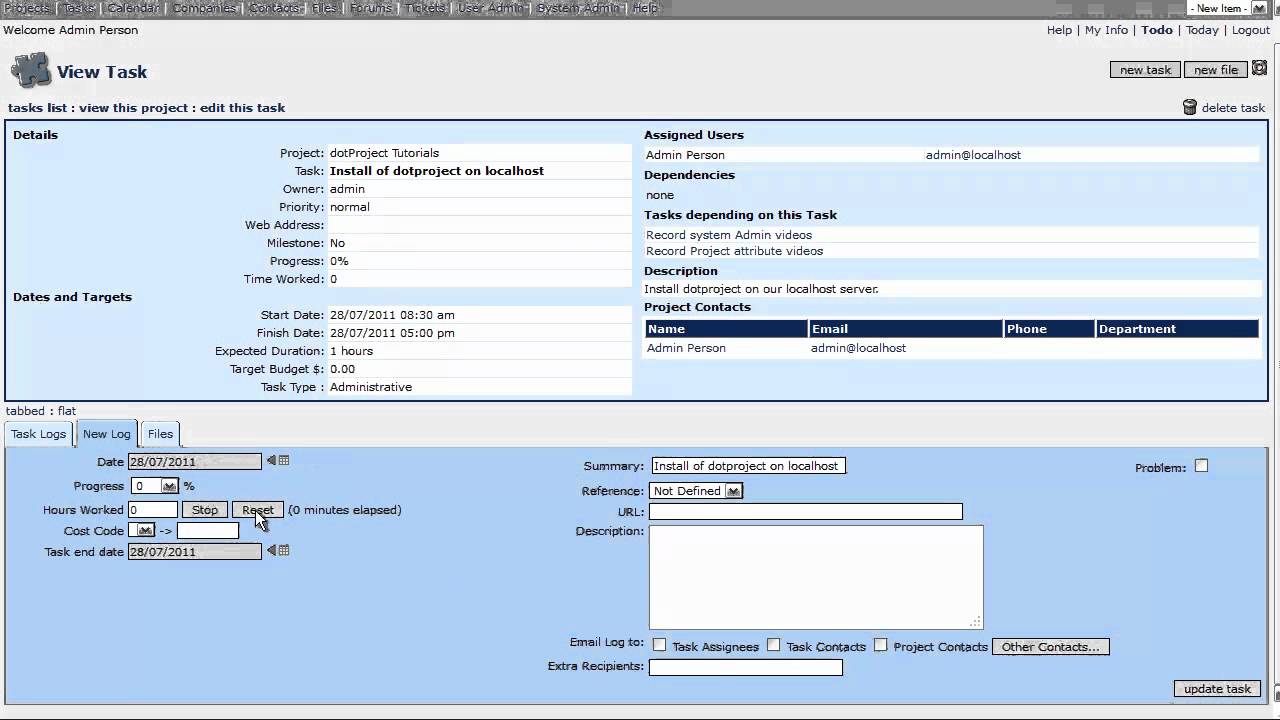 dotProject Tutorial - Adding Tasks