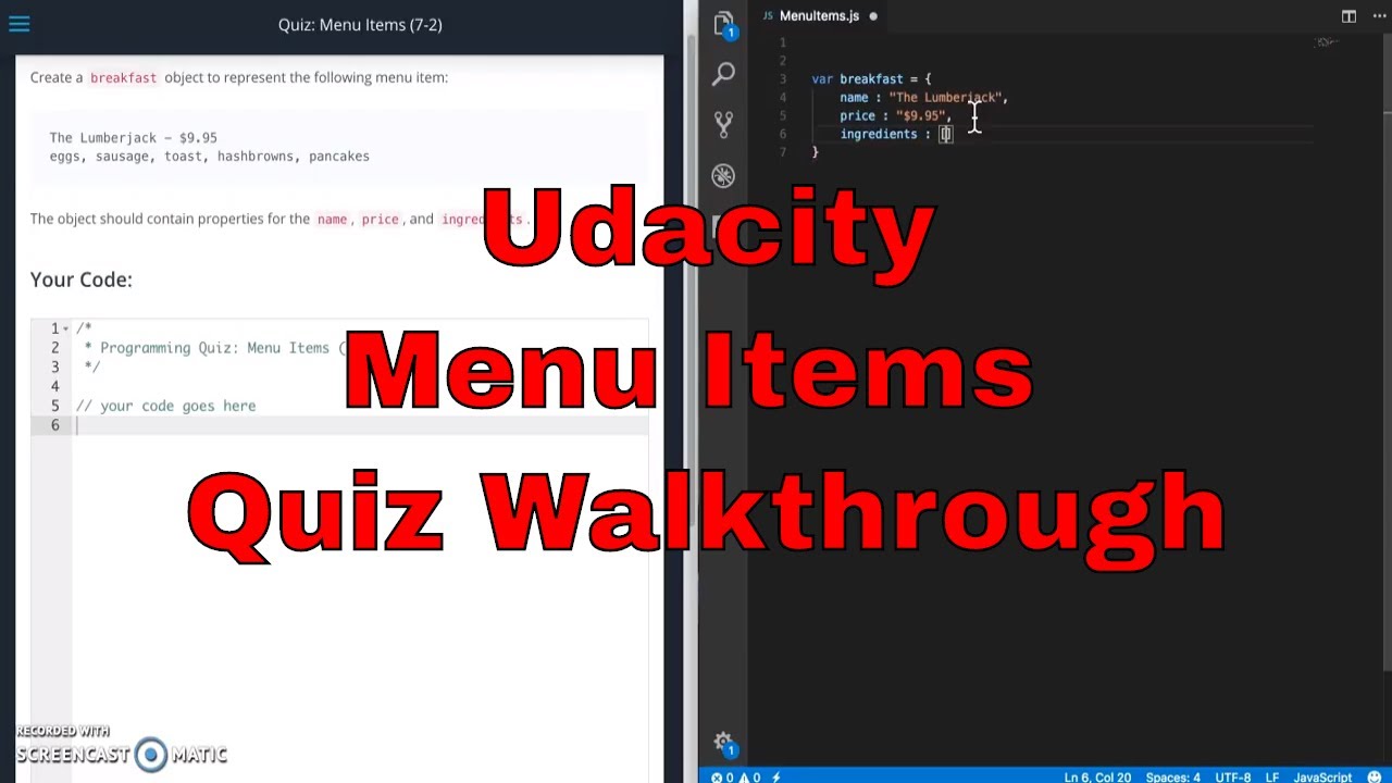 Udacity - Menu Items Quiz Walkthrough - JavaScript