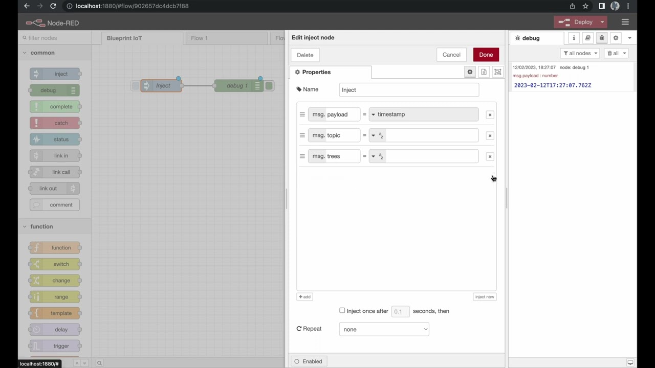 Inject and debug node - basics | Node-RED