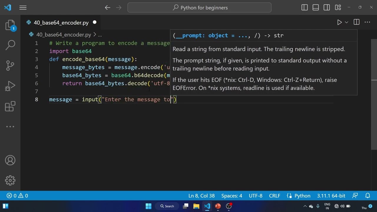 #40 Exercise -   Write a program to encode a message to Base64 in Python. #python #programming