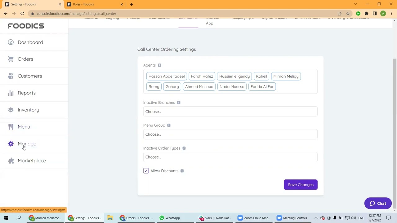 Call center settings/activation #foodics