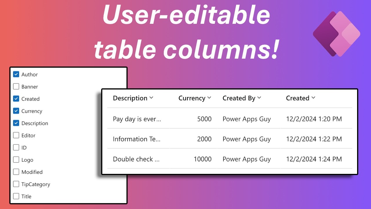 Dynamic Table Column Selection with the Modern Table Control | User-selectable columns in Power Apps